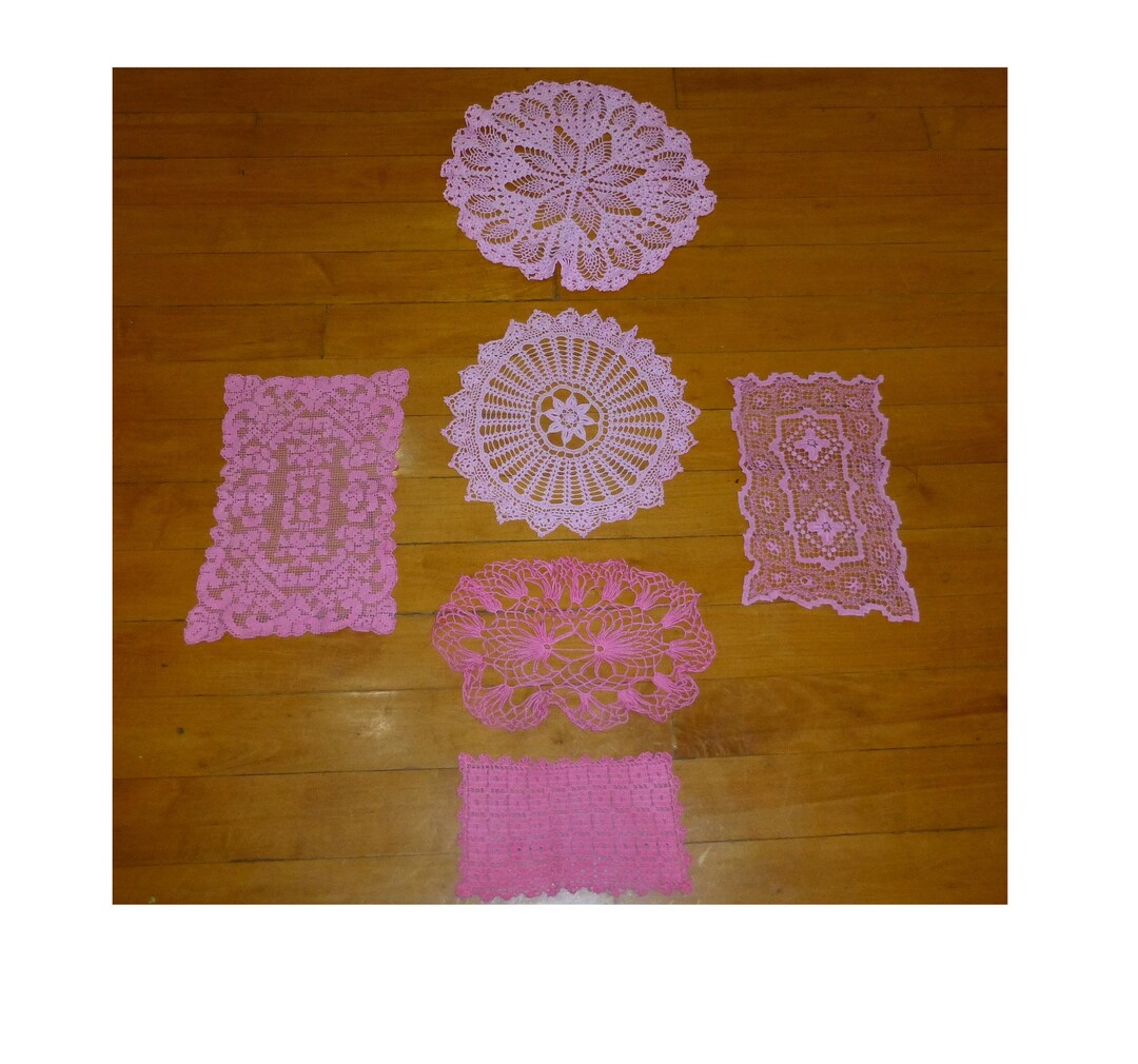 Vintage Pretty Pink Crochet Doily Lot Round Ornate Rectangle Doilies ...