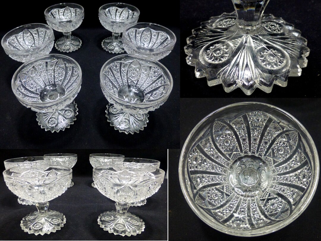 6 Antique Ornate Cut Pressed Glass Sherbert Glasses Set Pinwheel ...