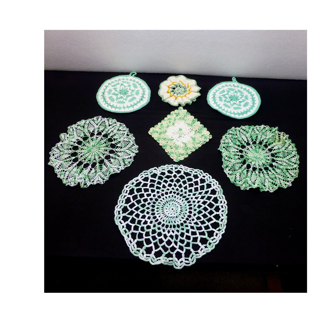 Vintage Green Doily Lot Hand Made Crochet Unique Doilies Collection ...