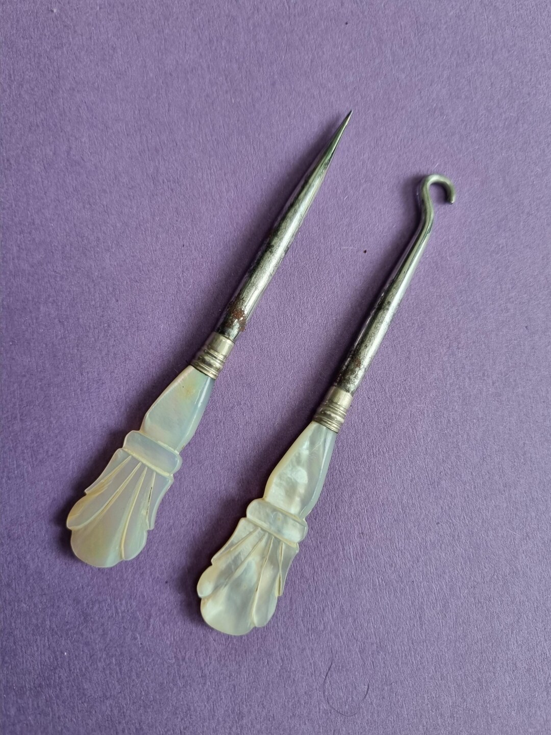 Antique Sewing Awl and Matching Buttonhook. Steel Shaft With Mother of ...