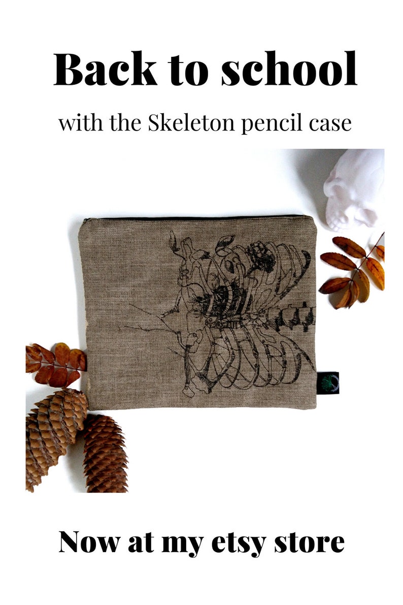 Skeleton Pencil Case. Linen Pouch With Skeleton Print. Gothic Makeup ...