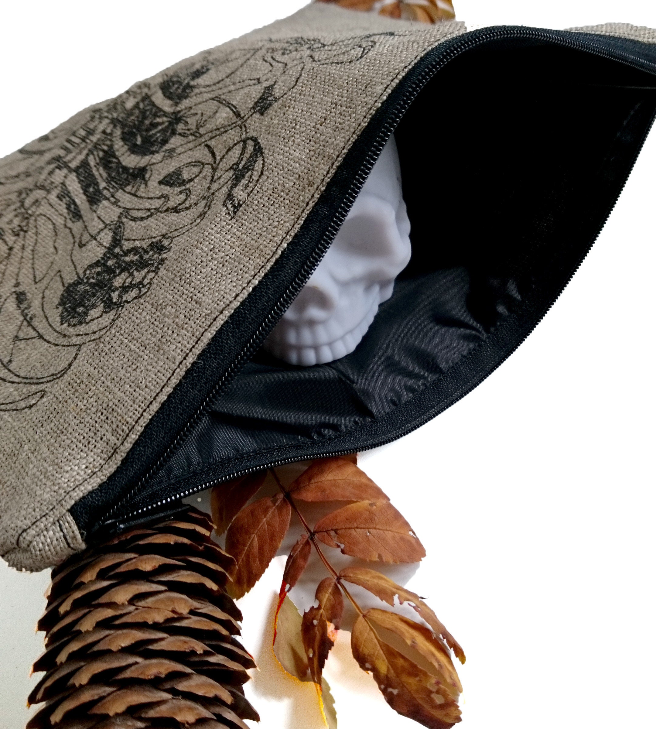 Skeleton Pencil Case. Linen Pouch With Skeleton Print. Gothic Makeup ...