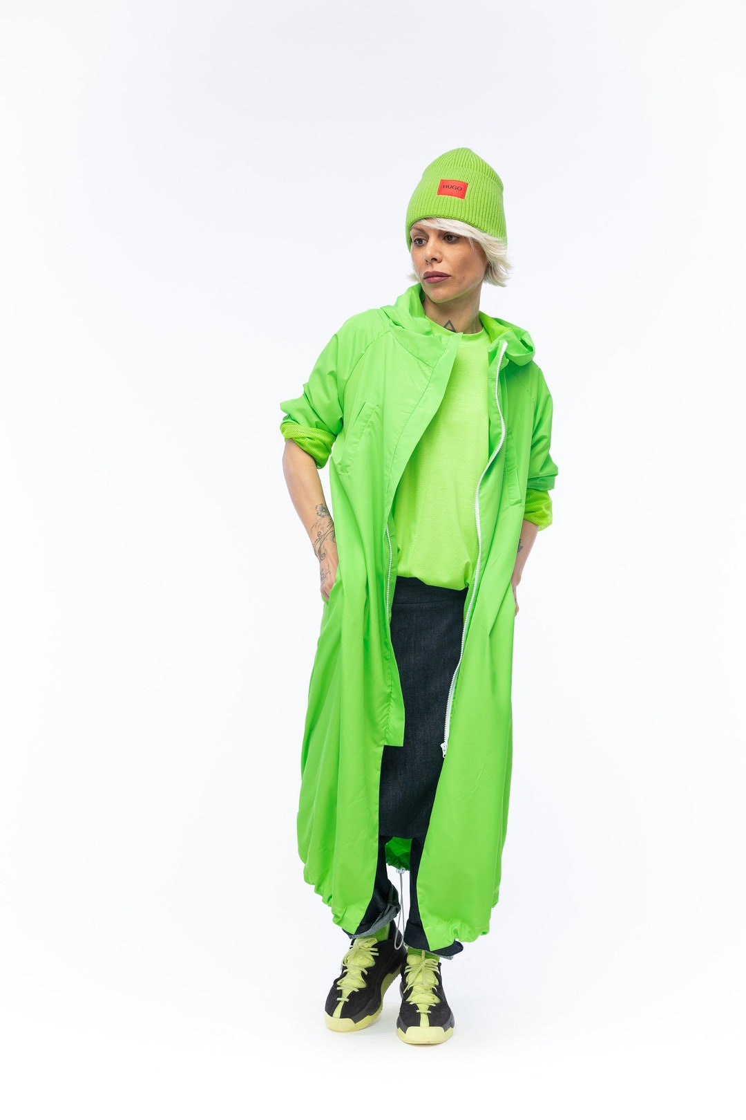 Neon Green Jacket Long Oversized Jacket With Big Hoodie - Etsy