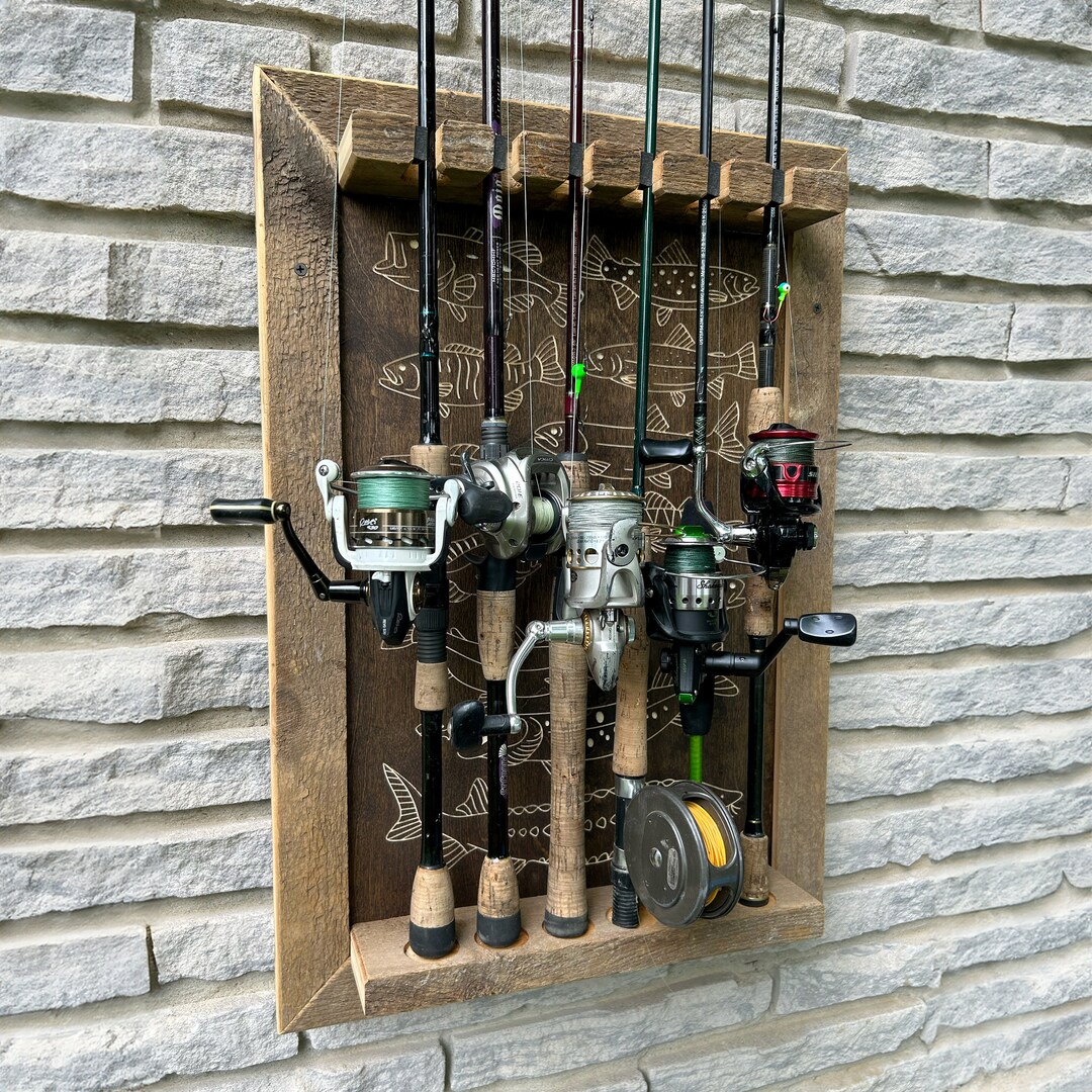 Fishing Rod Rack - North American Freshwater Fish Carving - Barn Wood ...