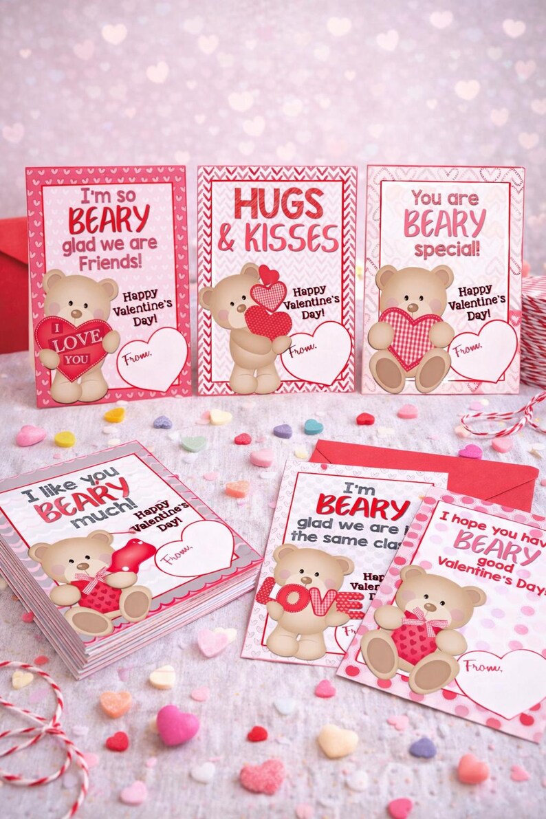 TEDDY BEAR VALENTINE Cards - Classroom Valentines, Bear Valentine Card ...