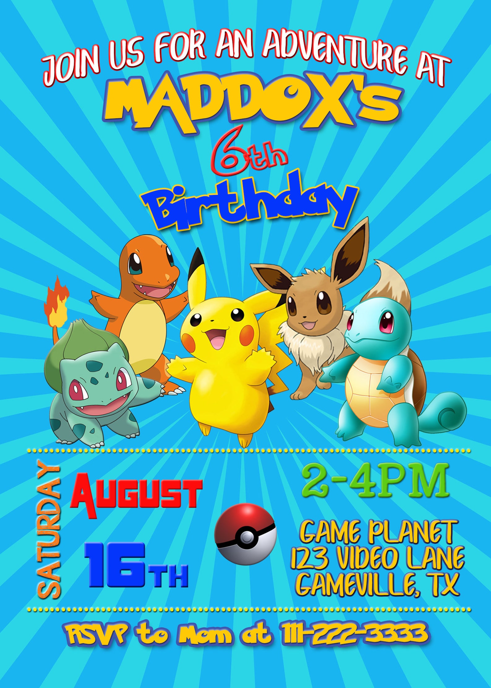 POKEMON BIRTHDAY INVITATION, Pokemon Invite, Pokemon Card, Boy's ...