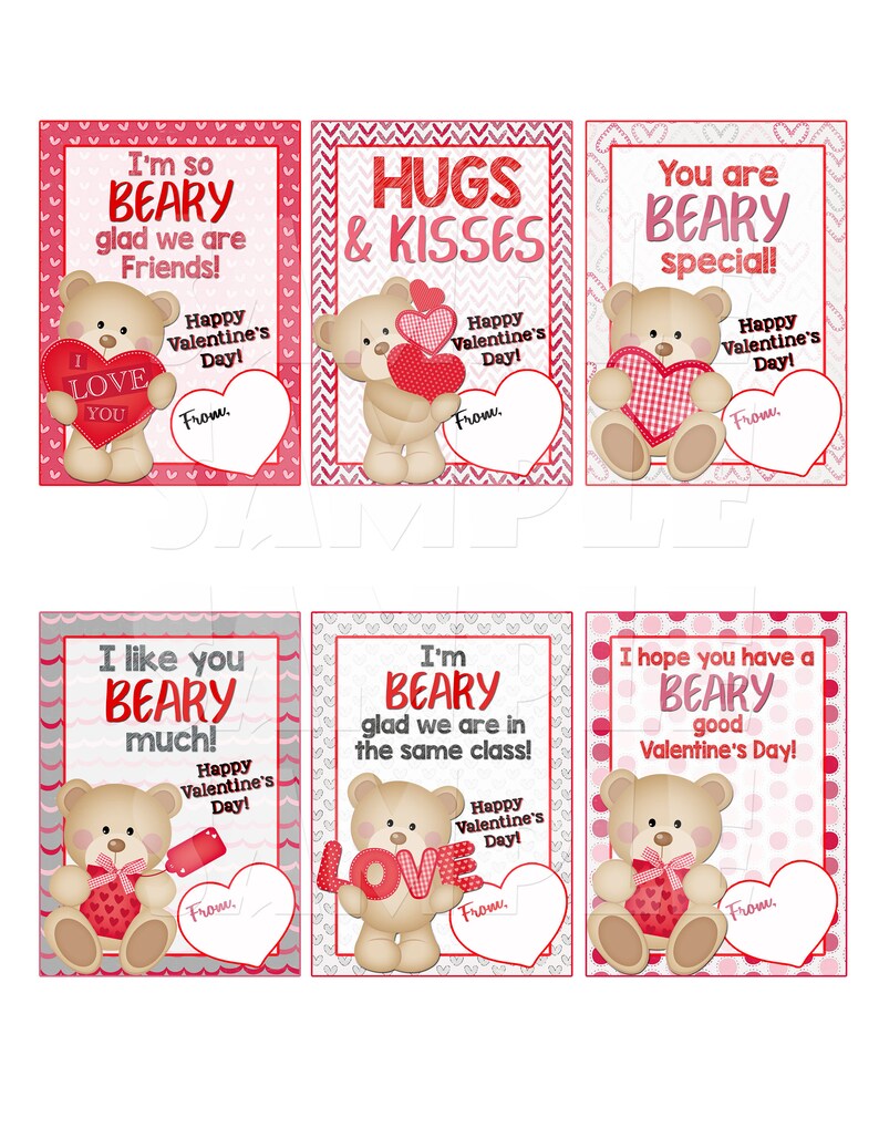 TEDDY BEAR VALENTINE Cards - Classroom Valentines, Bear Valentine Card ...
