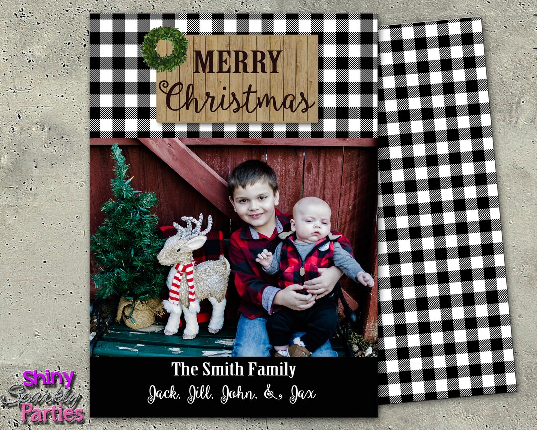 RUSTIC CHRISTMAS Photo CARD, Buffalo Check Holiday Card, Black and ...