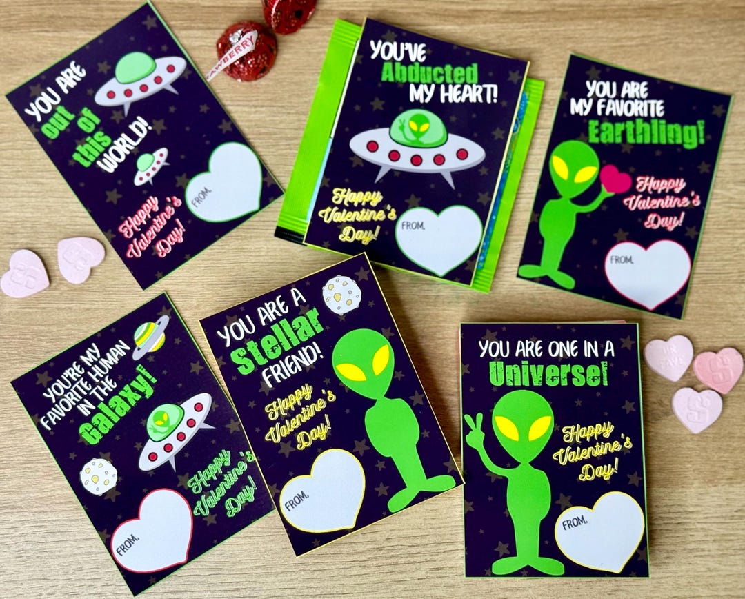 ALIEN VALENTINE Cards - Classroom Valentines, UFO Valentine Card, Kids ...