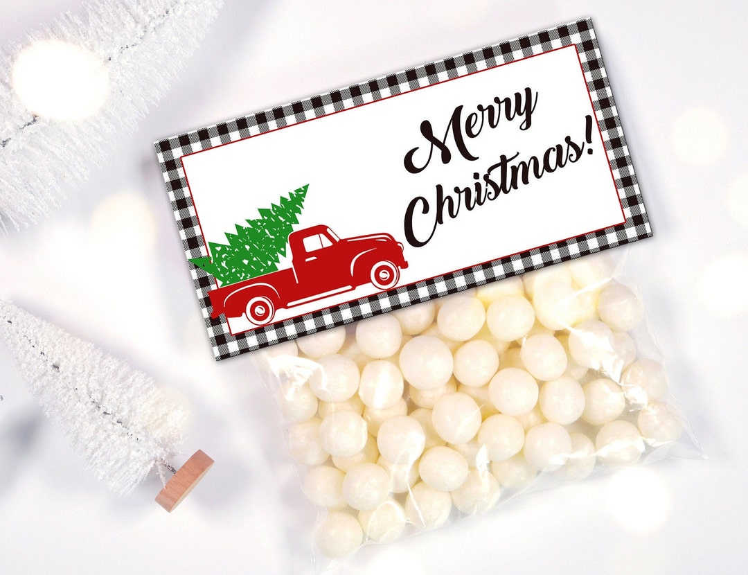 RED TRUCK Treat Bag Toppers, Christmas Treat Toppers, Buffalo Plaid ...
