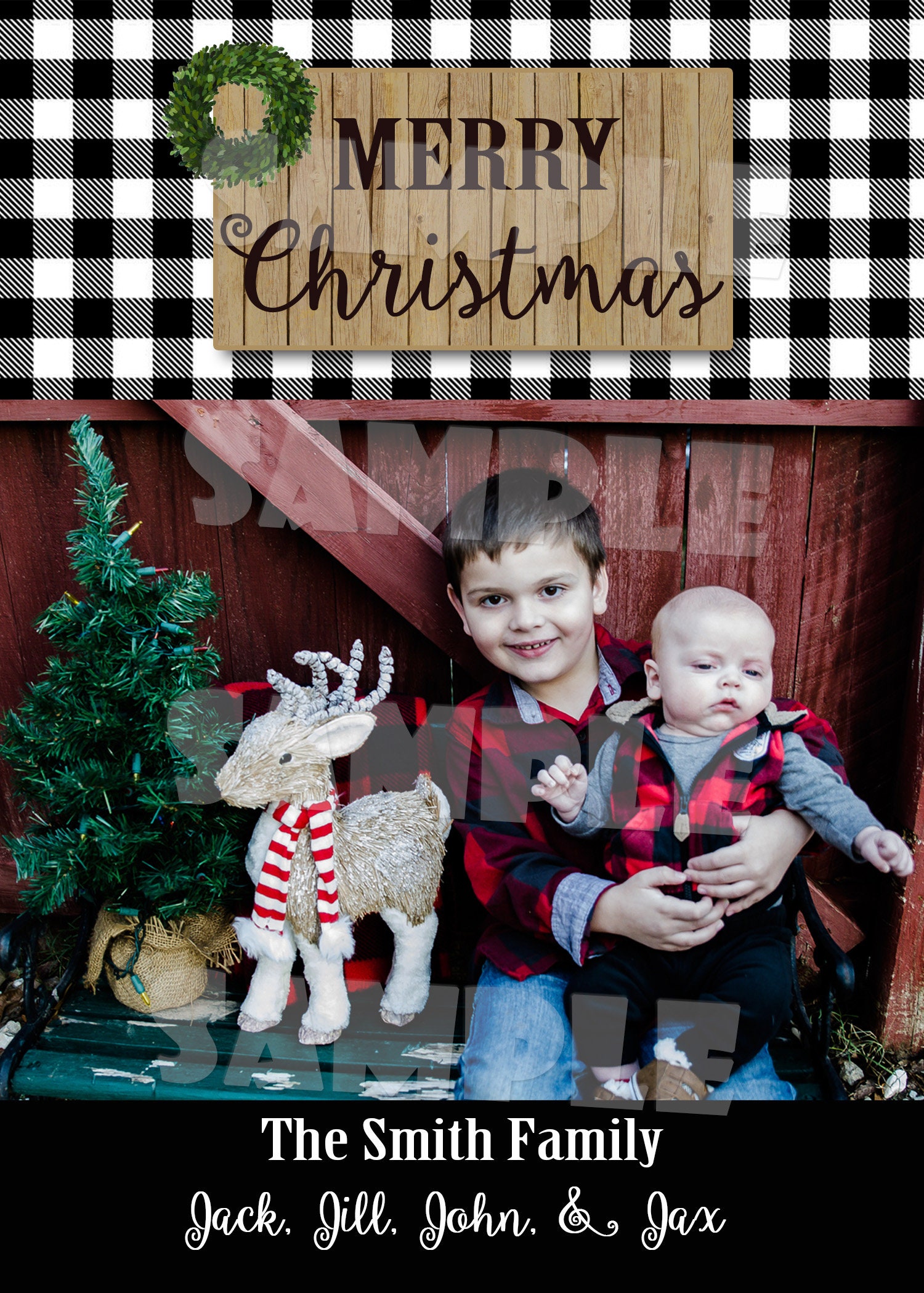 RUSTIC CHRISTMAS Photo CARD, Buffalo Check Holiday Card, Black and ...
