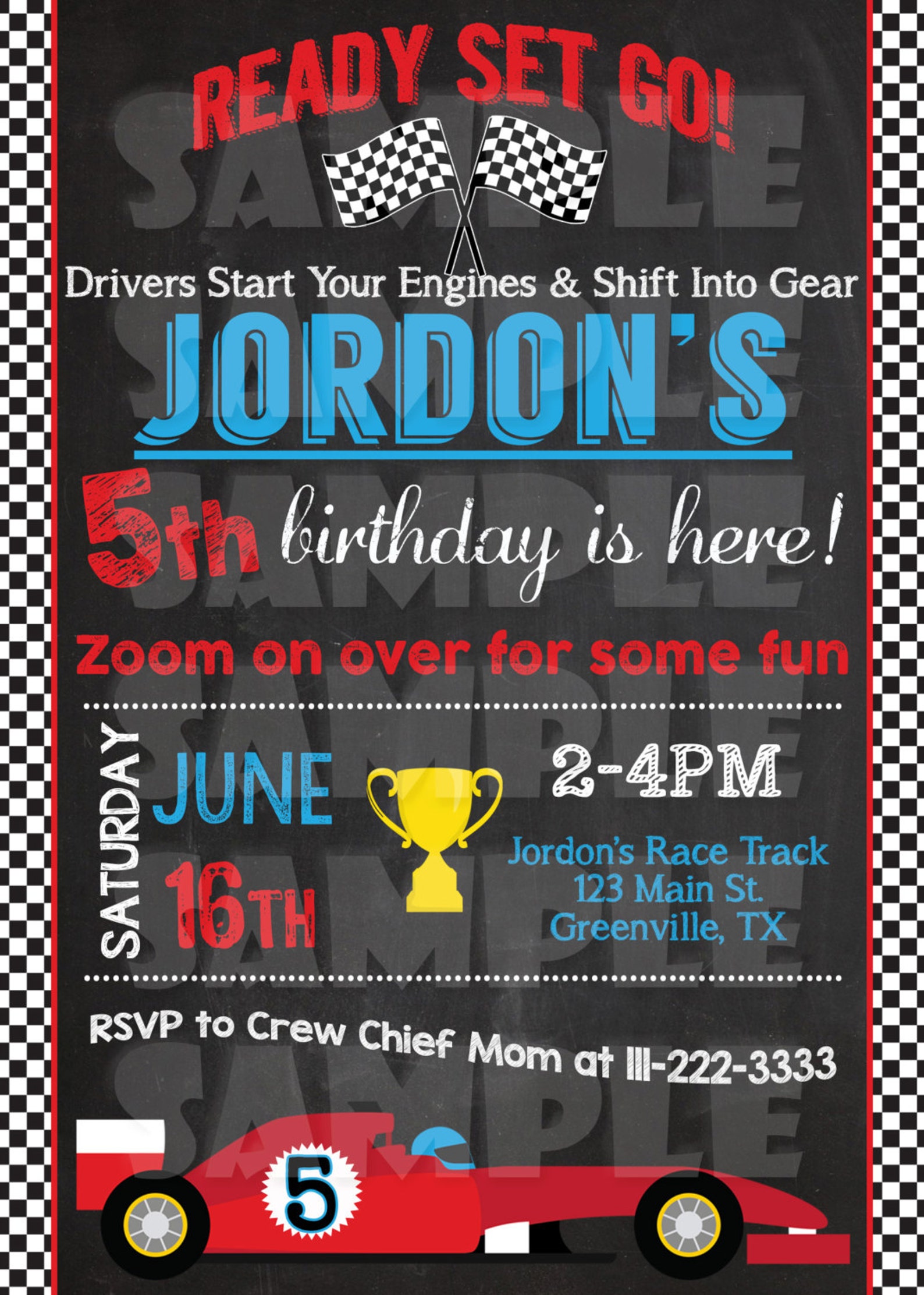 RACE CAR BIRTHDAY Invitation, Race Car Invitation, Chalkboard Race Car ...