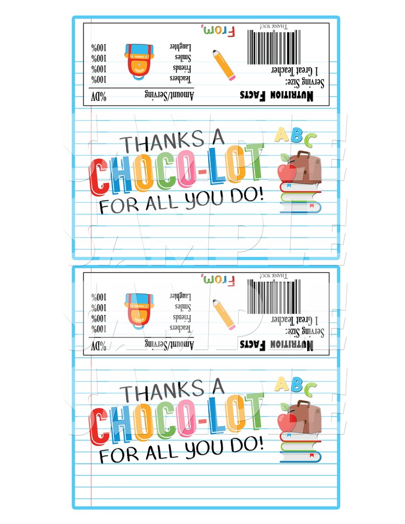 TEACHER CANDY BAR Wrappers - Thanks A Choco-lot - Teacher Appreciation ...