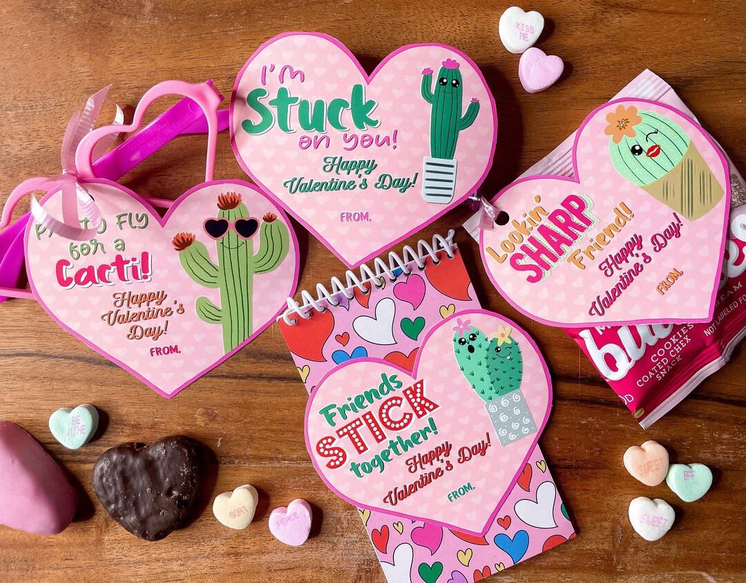 CACTUS VALENTINES, Heart Valentine Cards, Valentines for School, School ...