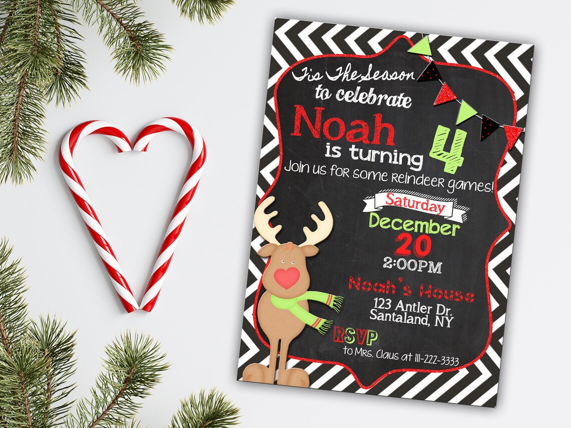 RUDOLPH BIRTHDAY INVITATION, Christmas Party Invite, Reindeer Birthday ...