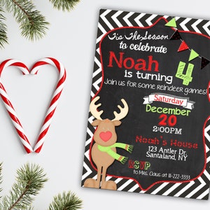 RUDOLPH BIRTHDAY INVITATION, Christmas Party Invite, Reindeer Birthday ...