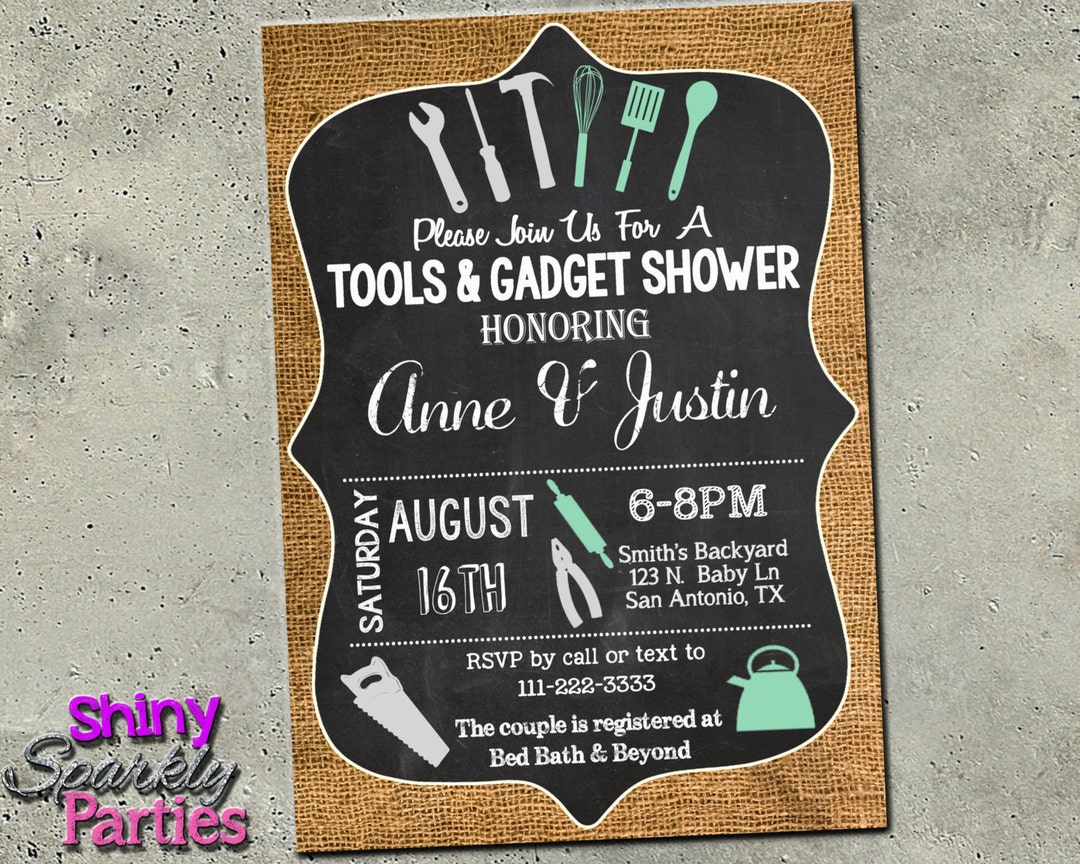 TOOLS and GADGET SHOWER Invitation, Burlap and Chalkboard, Bridal ...
