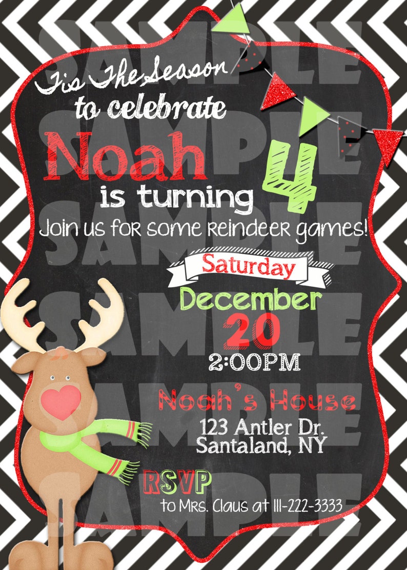 RUDOLPH BIRTHDAY INVITATION, Christmas Party Invite, Reindeer Birthday ...