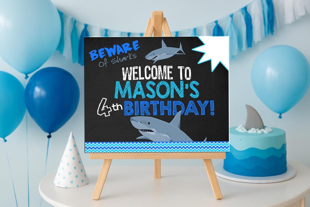 Shark Birthday Party Sign — Shark Welcome Sign Printable, Under the Sea ...