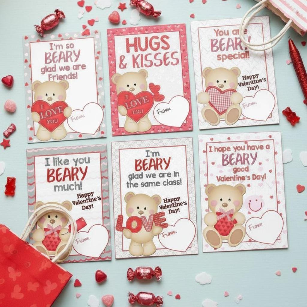 TEDDY BEAR VALENTINE Cards - Classroom Valentines, Bear Valentine Card ...