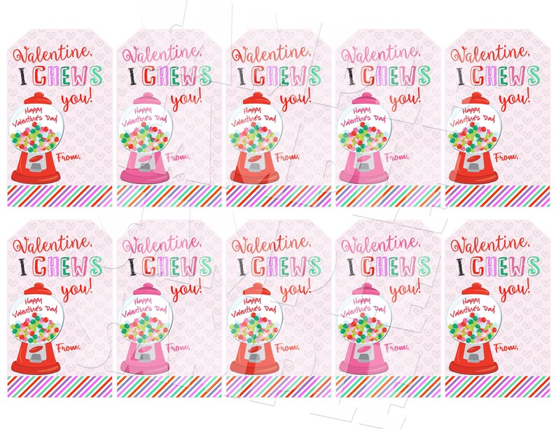 BUBBLE GUM VALENTINE Tags, I Chews You Valentine's Day Tags, Gumball ...