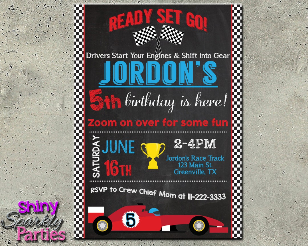RACE CAR BIRTHDAY Invitation, Race Car Invitation, Chalkboard Race Car ...