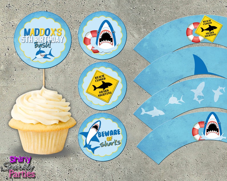 SHARK CUPCAKE TOPPERS and Cupcake Wrappers - Shark Infested Party ...