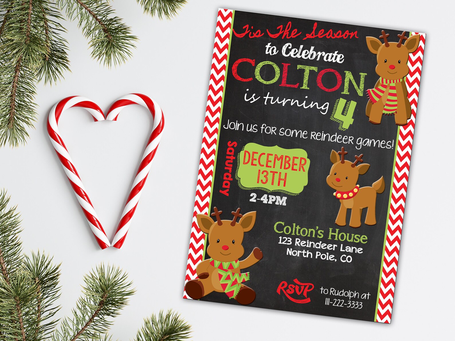 REINDEER BIRTHDAY INVITATION, Rudolph Party Invite, Christmas Birthday ...