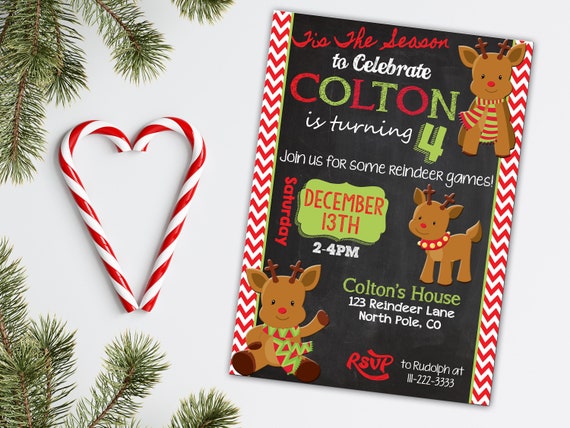 REINDEER BIRTHDAY INVITATION Rudolph Party Invite Christmas - Etsy