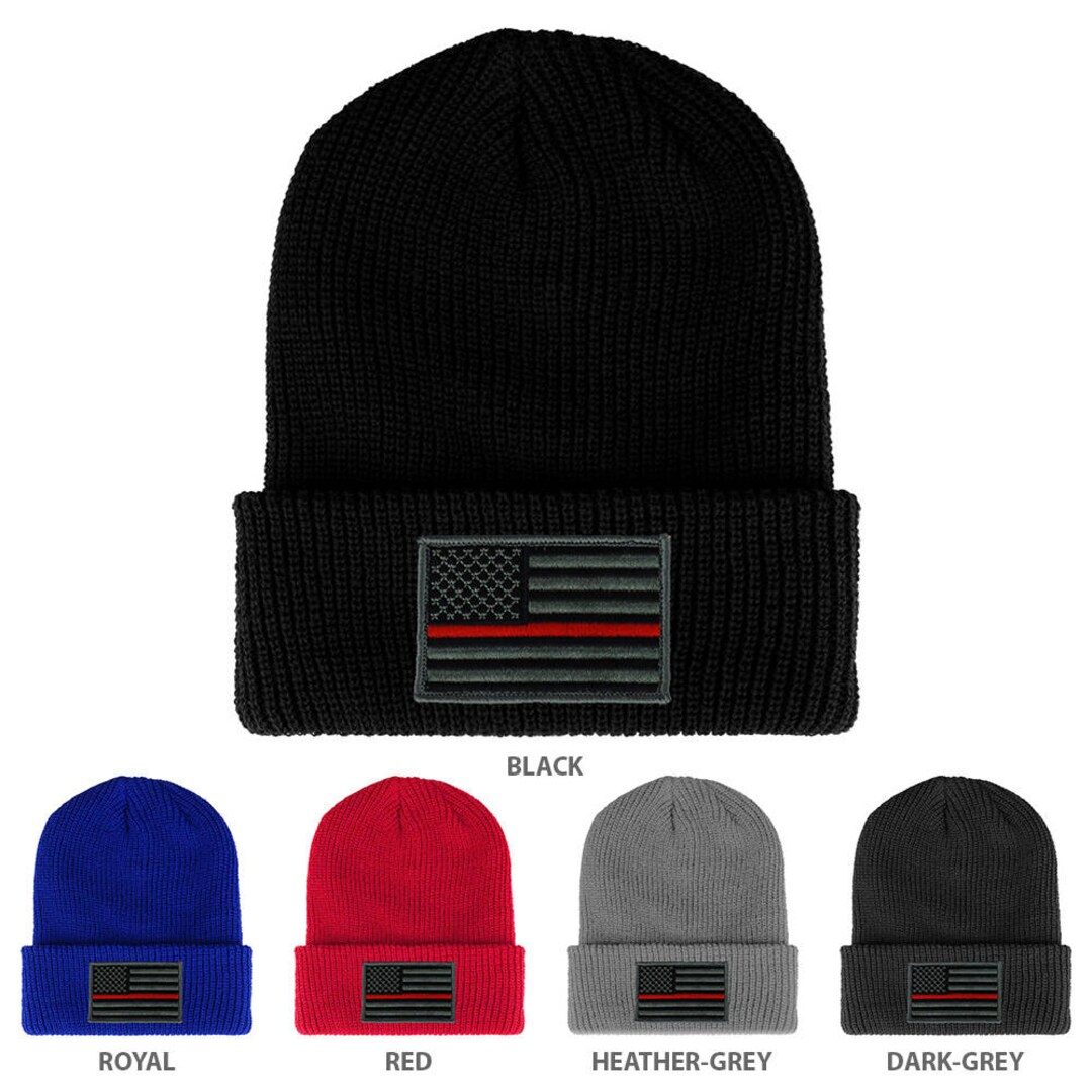 Thin RED Line American Flag Embroidered Patch Ribbed Cuffed Knit Beanie ...