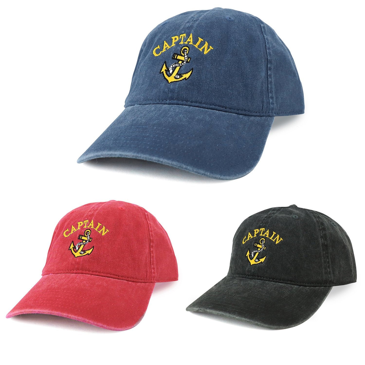 CAPTAIN ANCHOR Logo Embroidered Pigment Dyed 100% Cotton Cap - 3 Colors ...