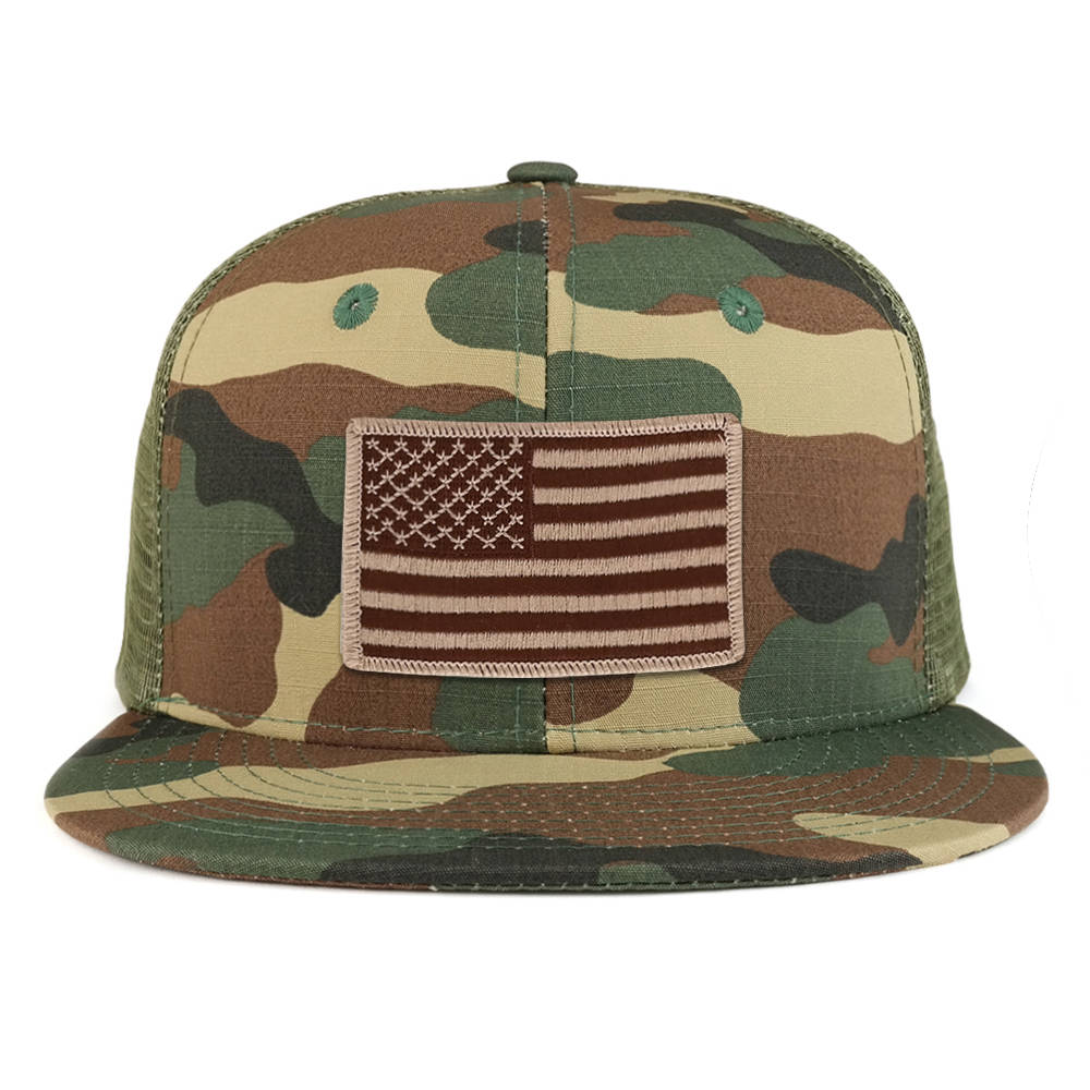 Desert American Flag Iron on Patch Flat Bill Ripstop Trucker Mesh Cap ...