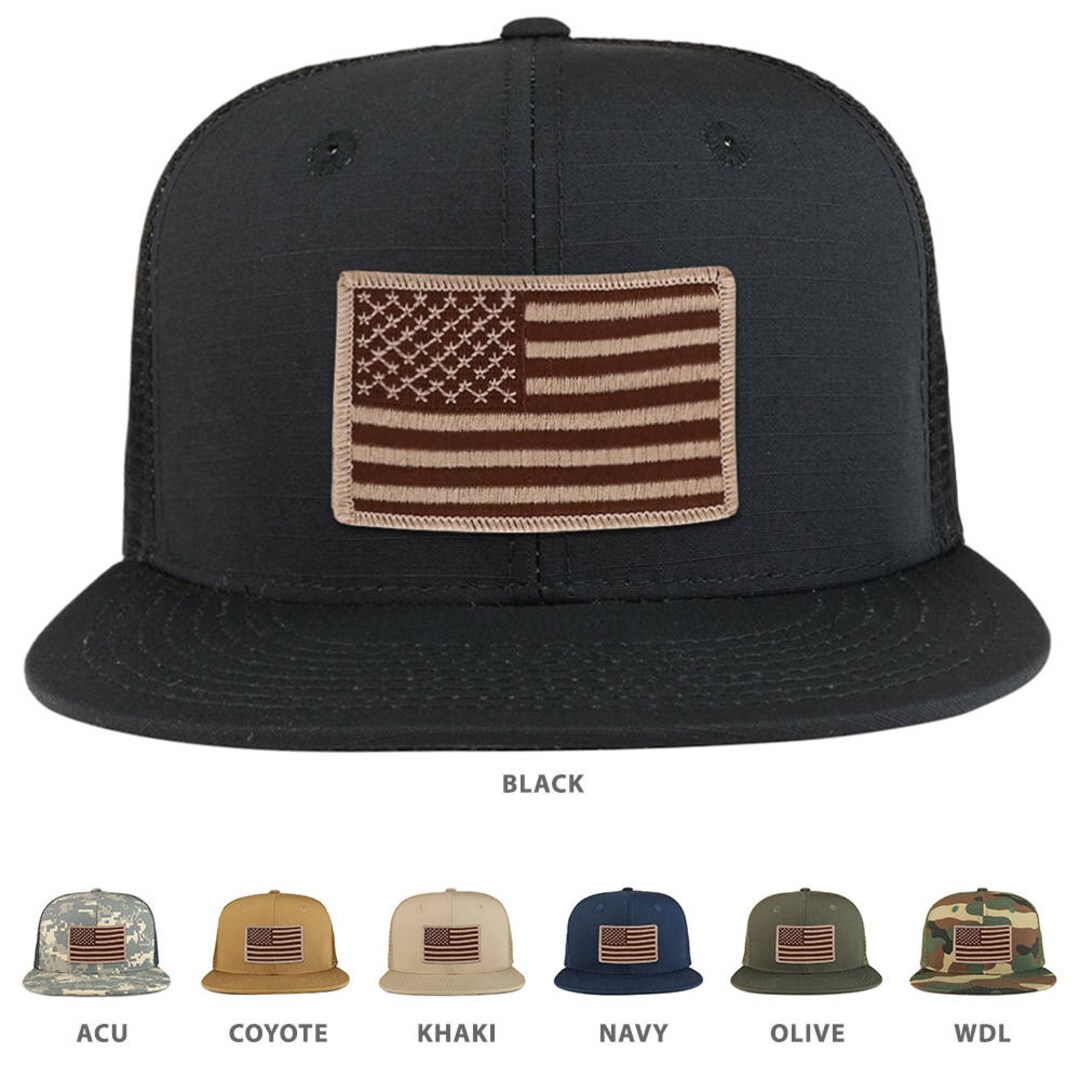 Desert American Flag Iron on Patch Flat Bill Ripstop Trucker Mesh Cap ...