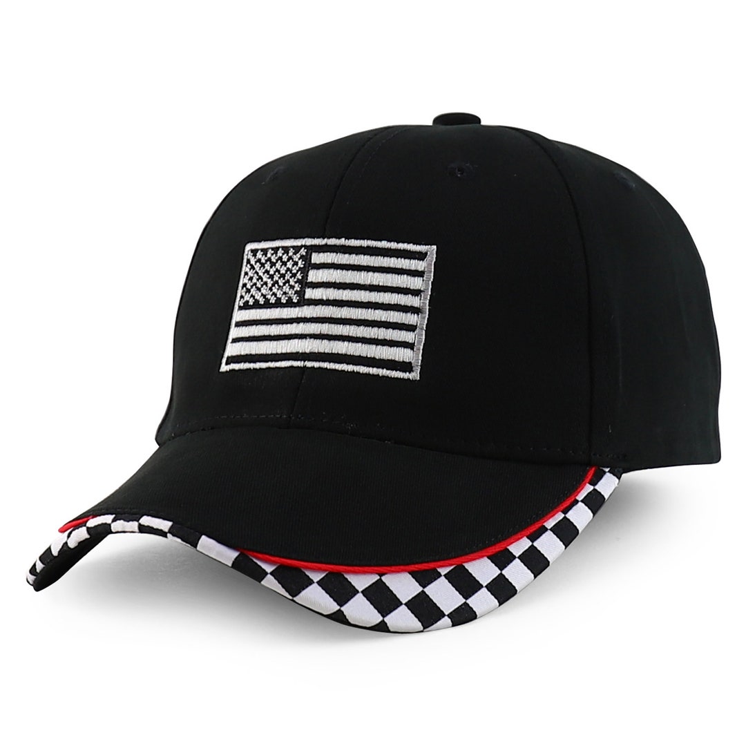 Grey American Flag Embroidered Racing Flag Cap Fits Kids to Adult 2XL ...