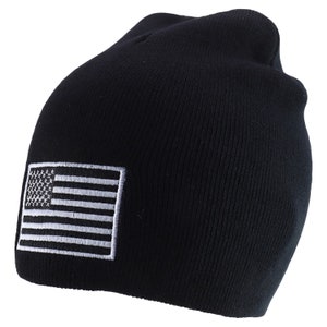 USA Subdued Grey American Flag Embroidered SHORT Beanie Hat (R95-USA2 ...