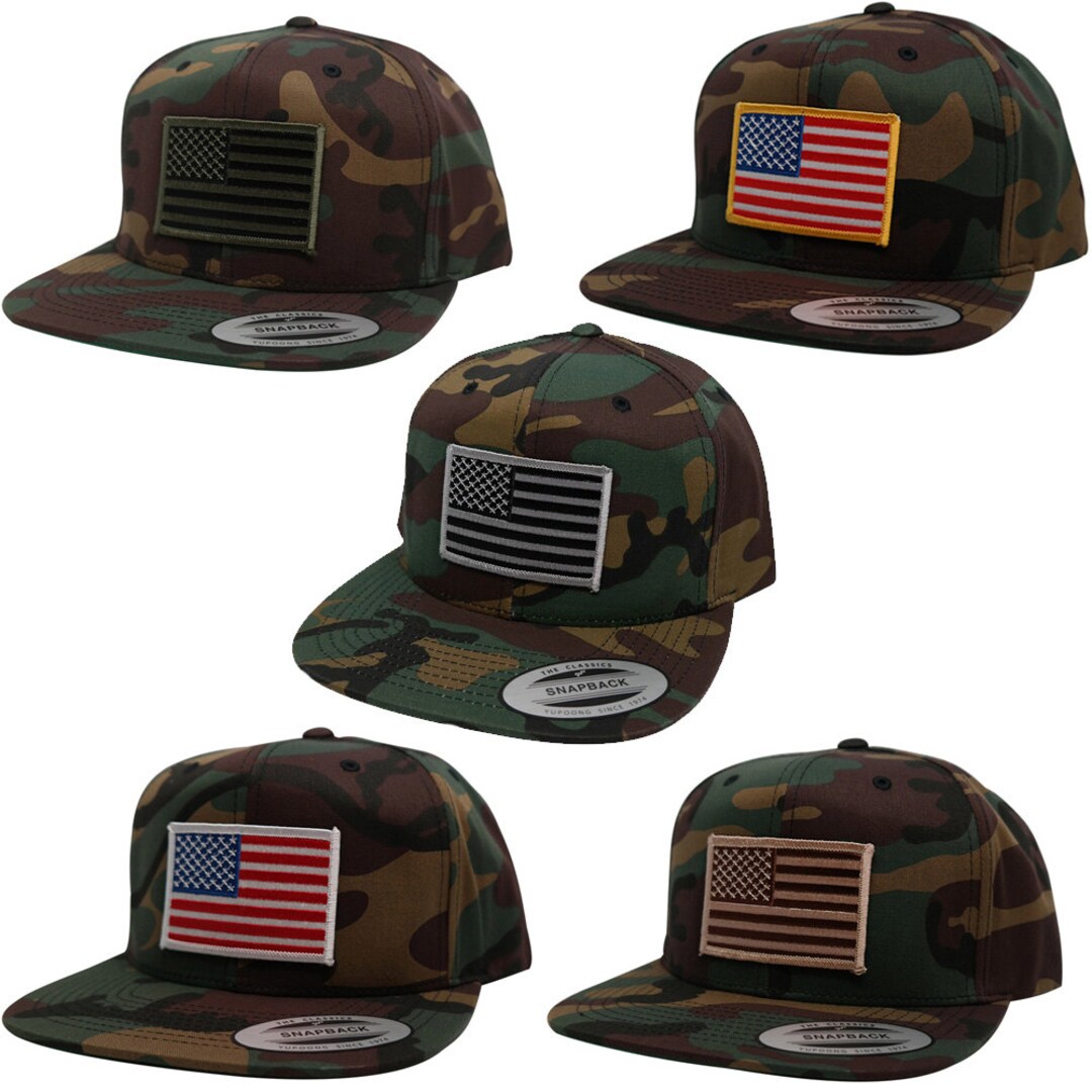 Flexfit Snapback Flat Bill Camouflage Cap With Patriotic American Flag ...