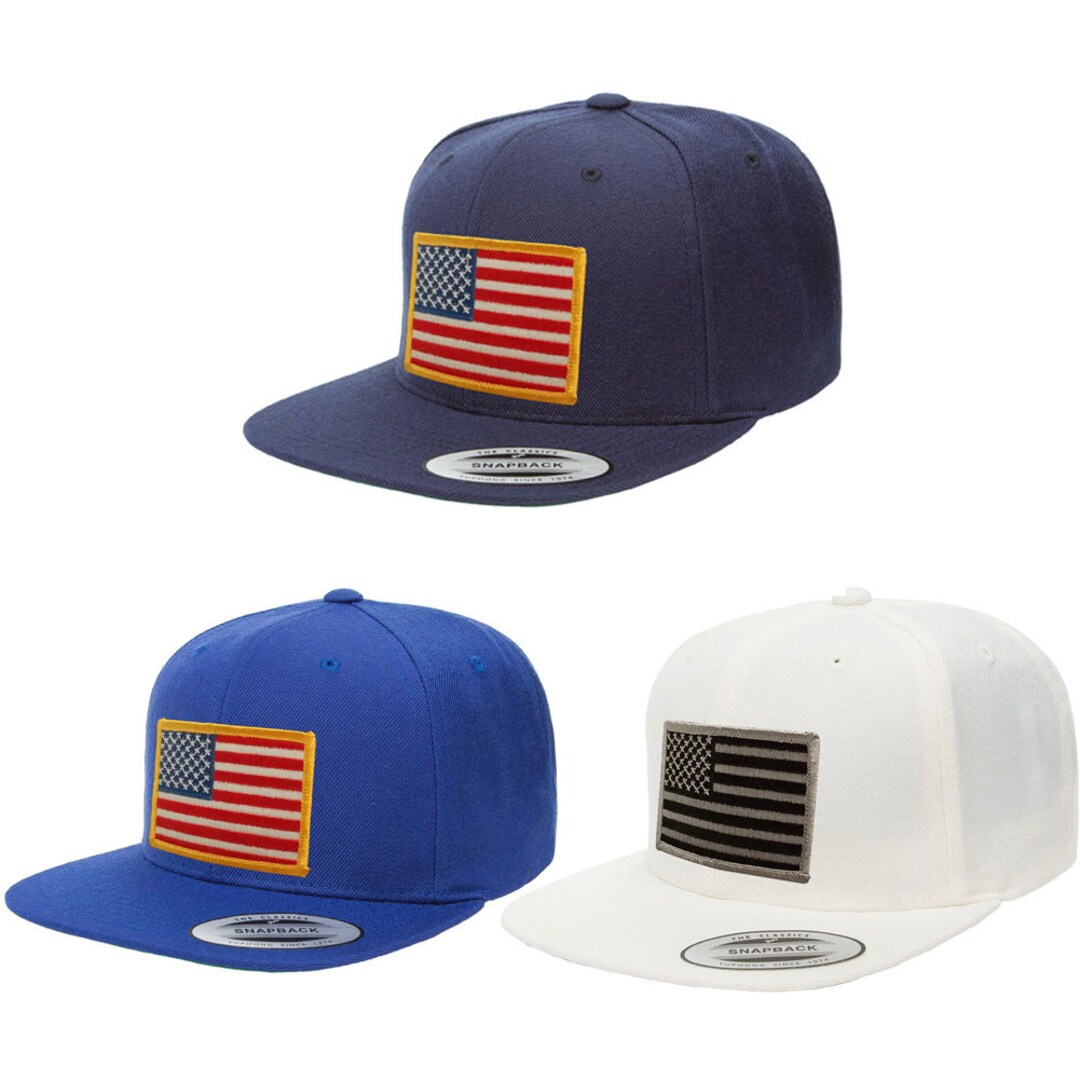 Flexfit USA American Flag Embroidered Patch Flat Bill Snapback Cap ...