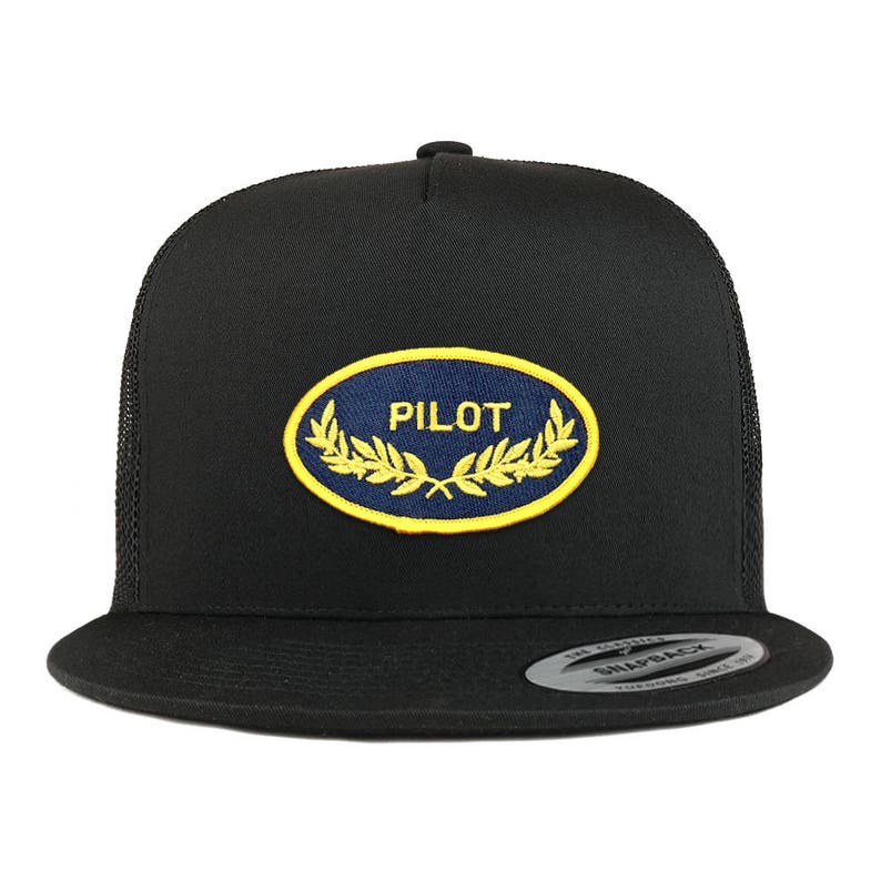 5 Panel Pilot Oak Leaf Oval Embroidered Patch Flatbill Mesh Snapback ...