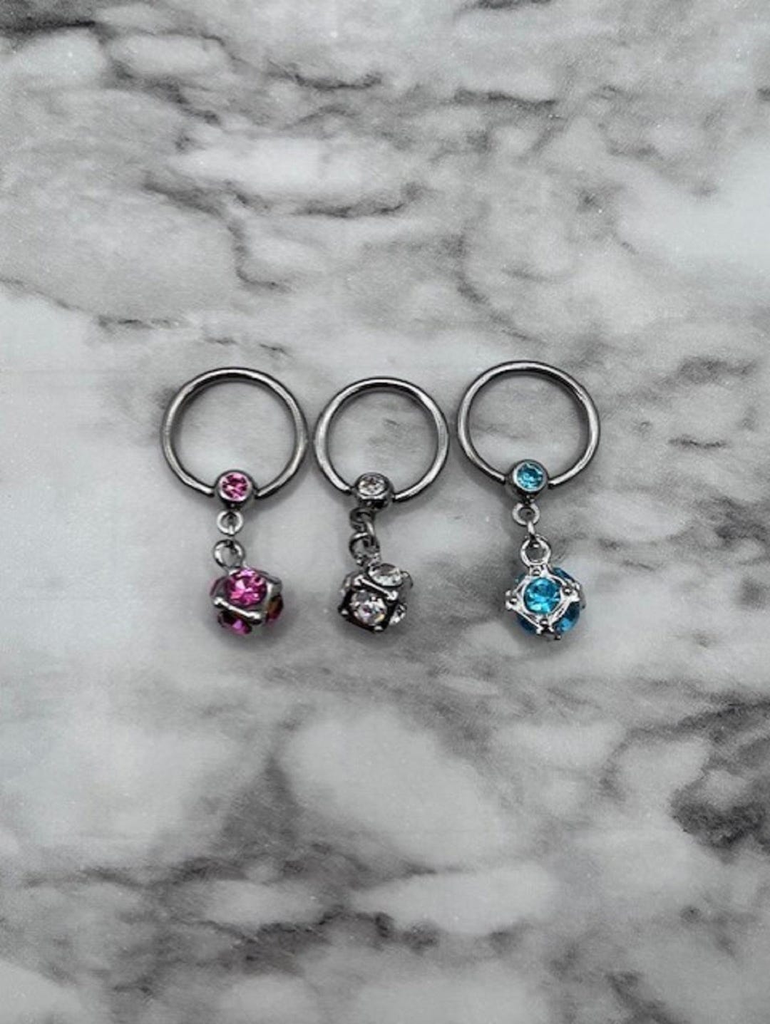 Dice Multi Gem Paved Dangle 316L Surgical Steel Gemmed Captive Bead ...
