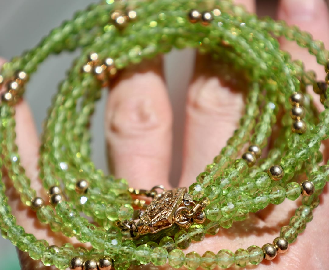 14K Solid Yellow Gold Closure Gold Beads 54.8 Grams 4-strand PERIDOT ...