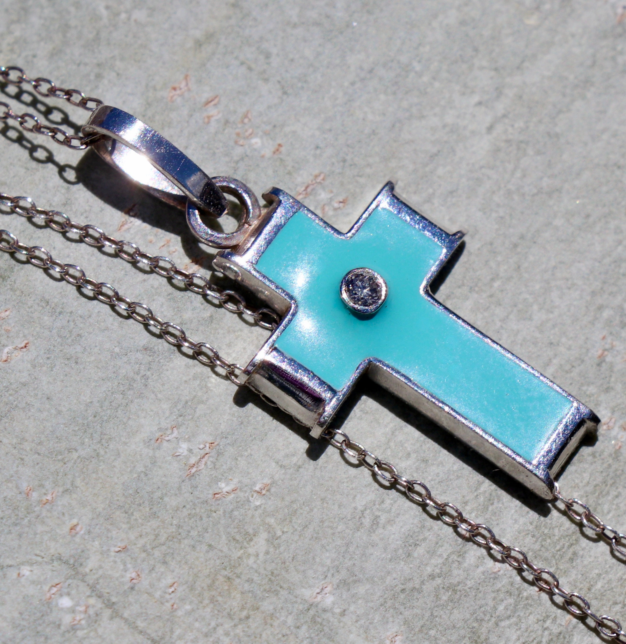 14K Solid White Gold Blue Enamel Cross 2.7grams Diamond - Etsy