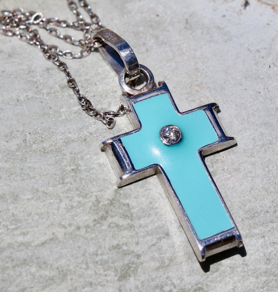 14K Solid White Gold Blue Enamel Cross 2.7grams Diamond - Etsy