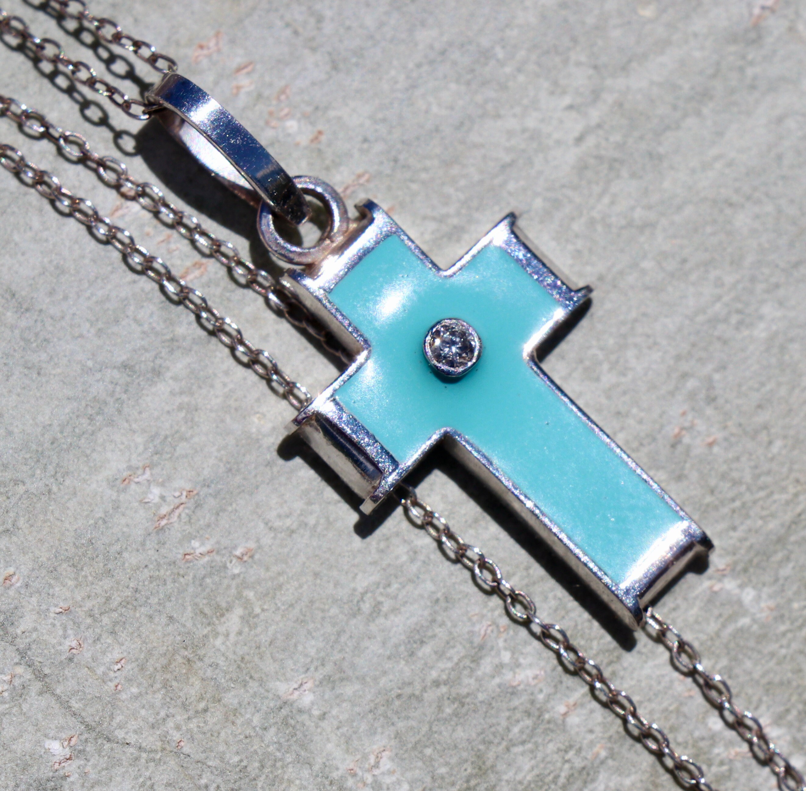 14K Solid White Gold Blue Enamel Cross 2.7grams Diamond - Etsy