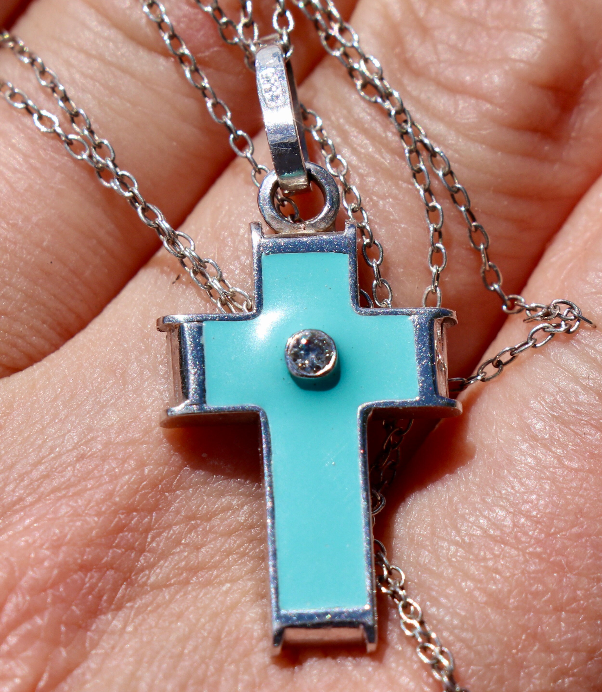 14K Solid White Gold Blue Enamel Cross 2.7grams Diamond - Etsy