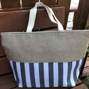 Monogram Tote Bag, Striped Canvas Tote, Canvas Bag, Beach Bag, Black ...