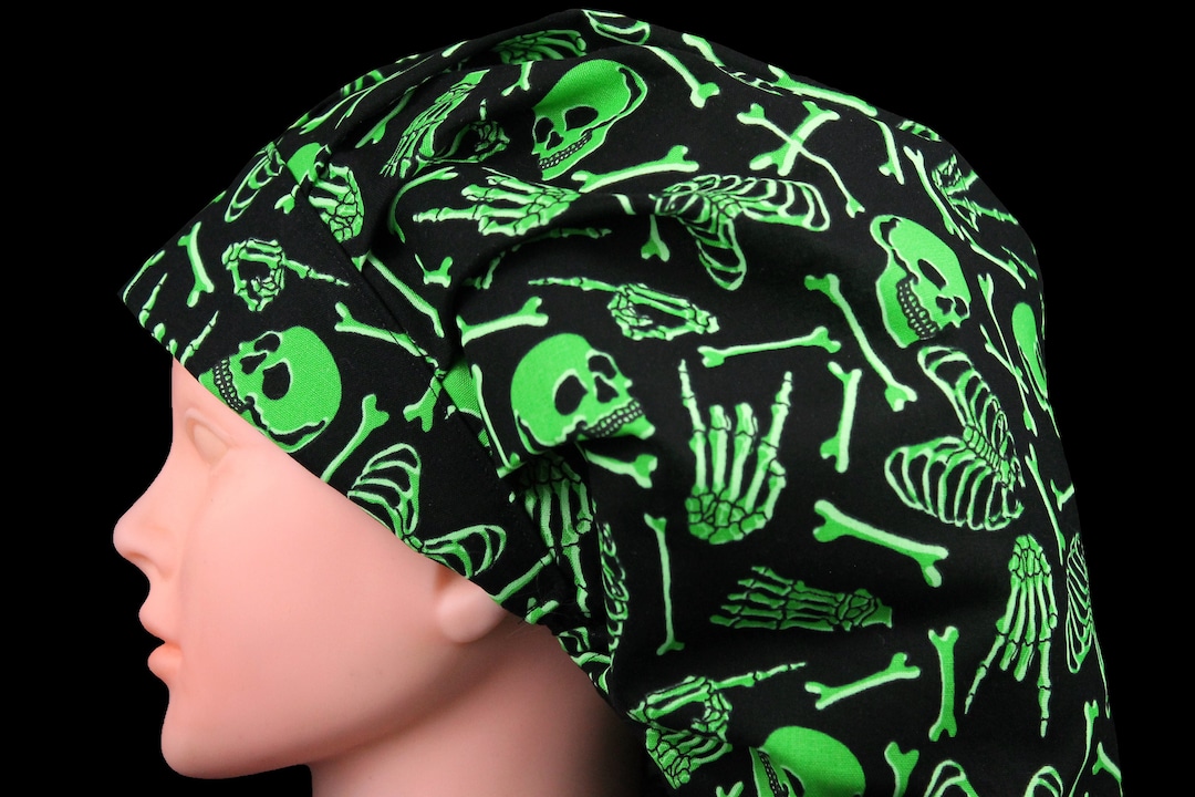 Green Spooky Bones Large Bouffant, Scrub Hat for Women, Halloween Scrub ...