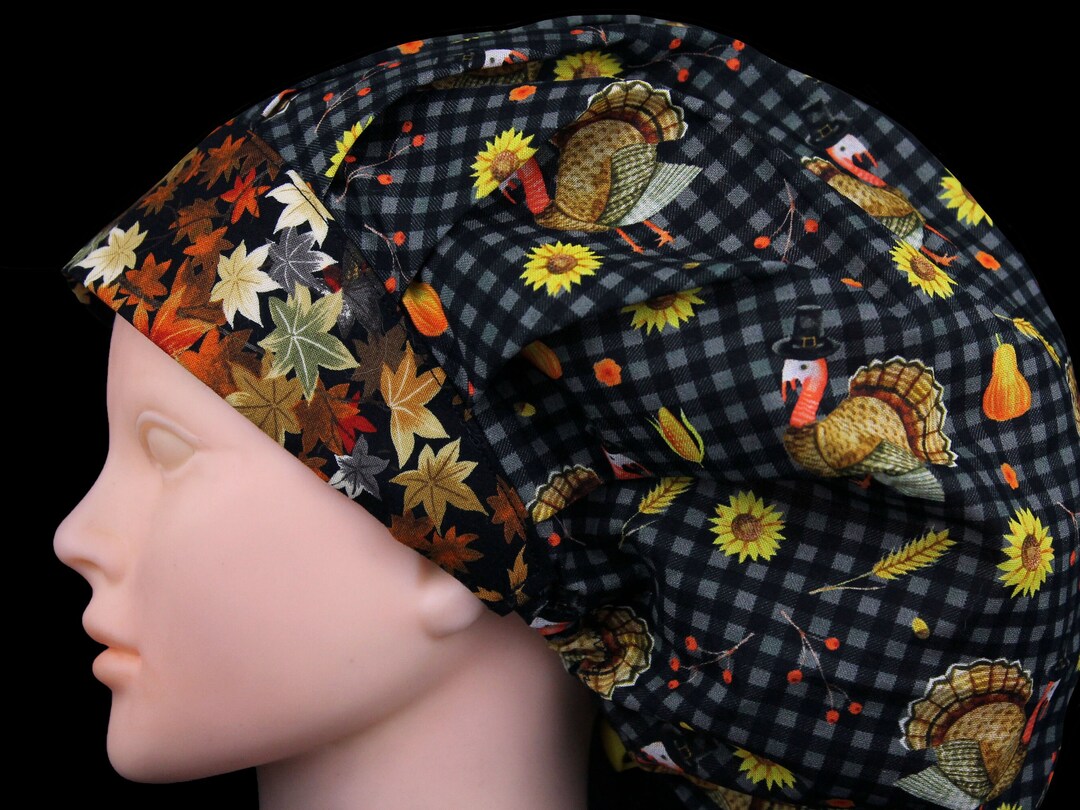 Thanksgiving Turkey Harvest Large Bouffant, Scrub Hat for Women, Autumn ...