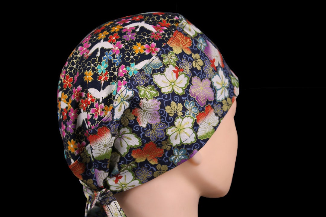 Metallic Gold Leaves Flowers & Cranes, Scrub Cap, Scrub Hat for Men ...