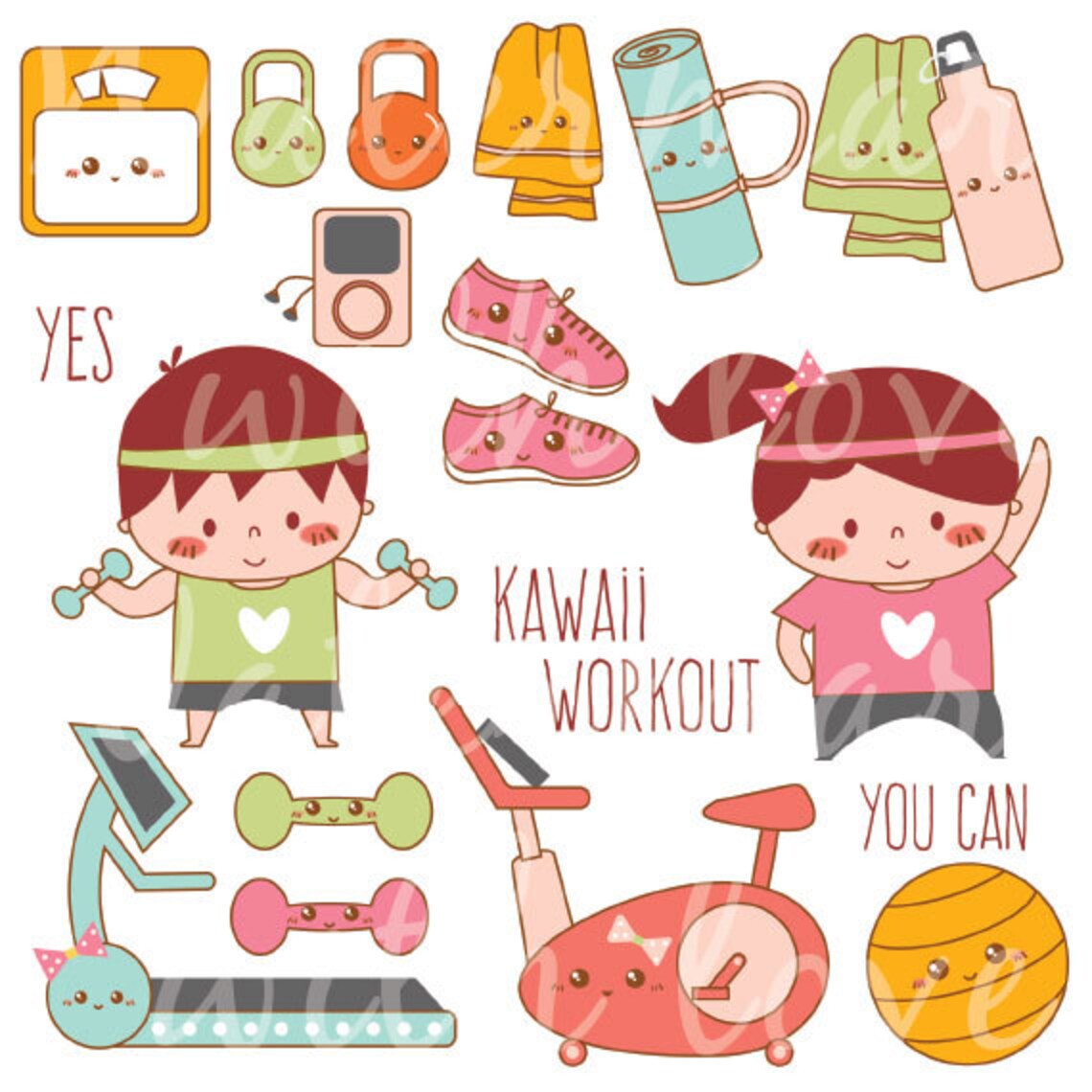 Kawaii Workout Clipart Kawaii Exercise Clipart Kawaii Gym | Etsy