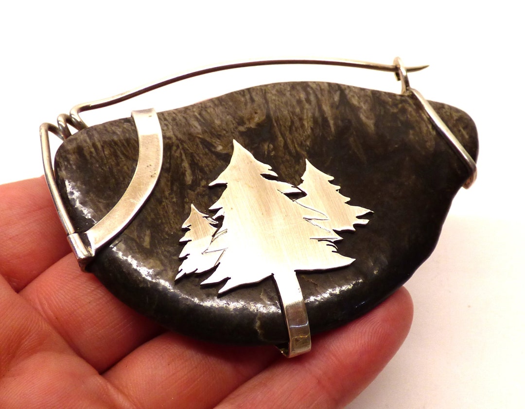 Vintage Rare Huge Nordic Silver Tree Brooch Polished Stone Scandinavian ...